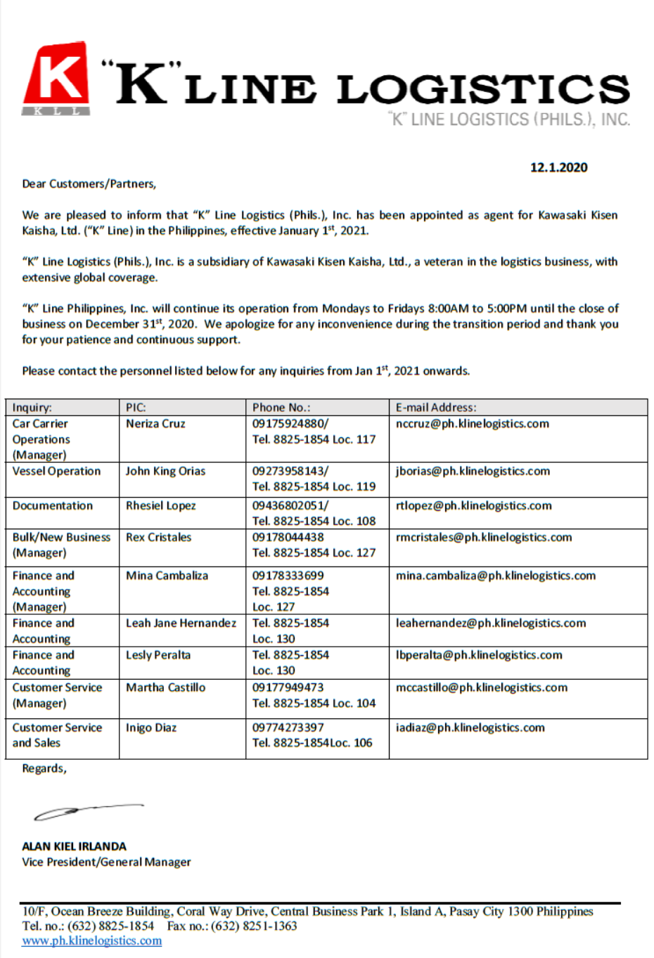 Kline Logistics | K Line Logistics Phils KKK Car Carrier and Bulk Announcement